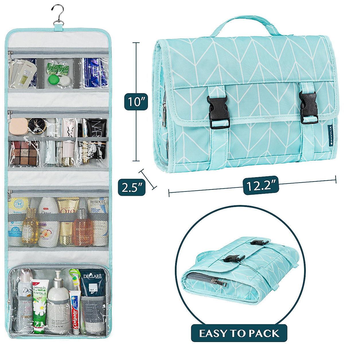 PAVILIA Travel Hanging Toiletry Bag for Women Men, Extra Large Capacity Makeup Bag Kit, Waterproof Cosmetic Storage Organizer Case for Bathroom Shower, Teal Chevron