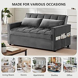 Gagawin Convertible Sofa Bed, 3-in-1 Pull Out Sleeper with 2 Pillows and Side Pockets, Soft Velvet Futon Loveseat Pull Out Bed Couch for Living Room, No.1-Gray