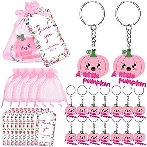 Inbagi 60 Set Thanksgiving Little Pumpkin Baby Shower Party Favors Include Cute Pumpkin Key Chain Thank You Kraft Tags Orange Organza Bags for Thanksgiving Day Fall Autumn Baby Shower Supplies(Pink)