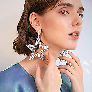 Xerling Full Crystal Rhinestone Star Dangle Hoop Earrings Big Star Drop Earrings Bling Sparkly Earrings for Party Wedding Bar