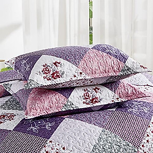 Dinjoy Purple Quilt Set Queen Size, Reversible Floral Plaid Patchwork Pattern Bedding Set Soft Microfiber Lightweight Bedspread Coverlet 3 Piece Spring Summer Use (90x90 inches)