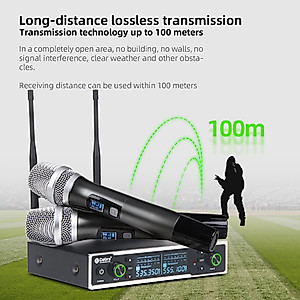 D Debra Audio R202 UHF Wireless Handheld Microphone System, 2x100 Channels Metal Dual Professional Cordless Dynamic Mic for Home Karaoke DJ Meeting Party Church, 320FT