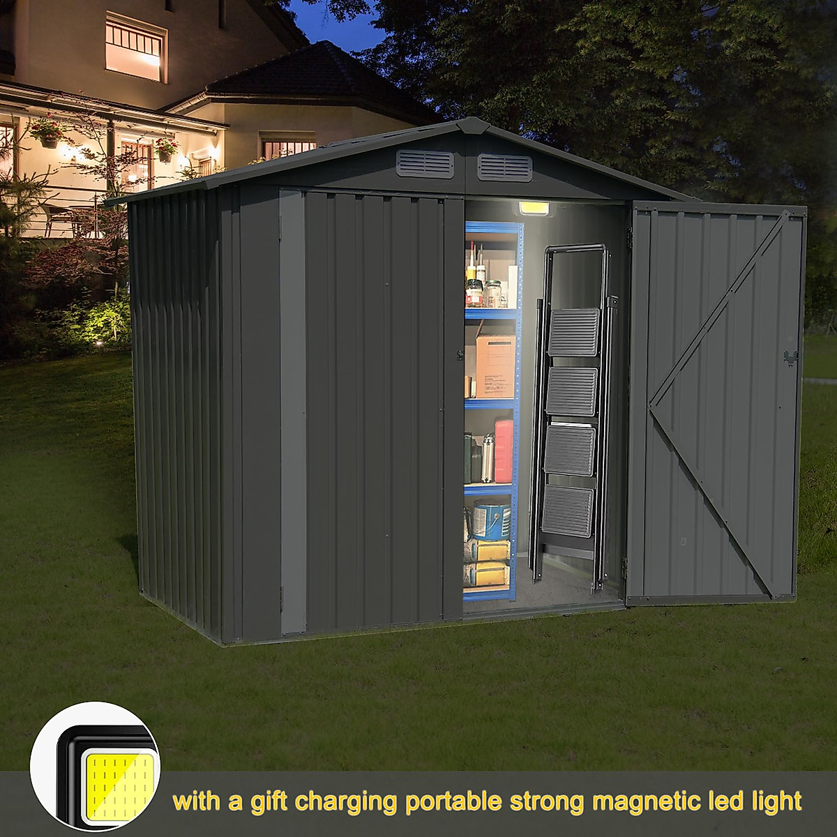 Metal Outdoor Storage Shed 6×4 FT with Double Lockable Doors, Heavy Duty Galvanized Large Garden Shed with Air Vent, Tool Sheds Storage House for Backyard Garden Patio Lawn-Dark Gray