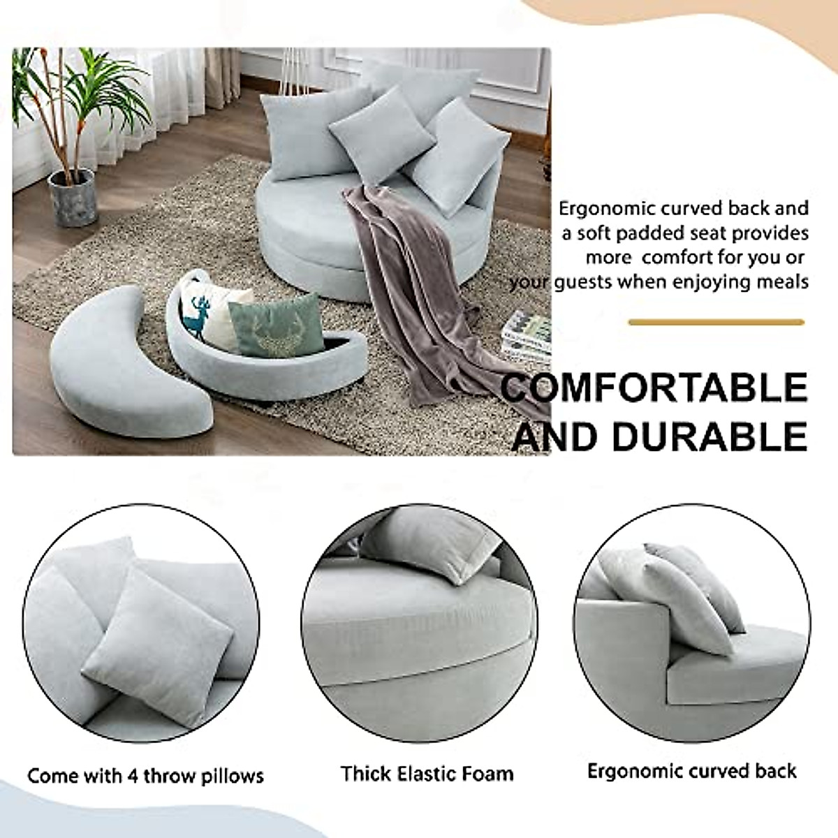 HOMVET 360° Swivel Accent Barrel Chair with Storage Ottoman & 4 Pillows, Modern Linen Leisure Chair Round Accent for Living Room,Beacon Grey