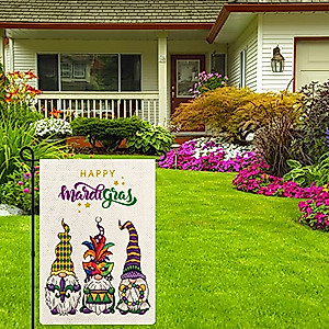 YOVOYOA Happy Mardi Gras Gnome Garden Flag 12.5x18 Inch Double Sided Masquerade Mask Bead Fleur de Lis New Orleans Holiday Party Yard Outdoor Decoration