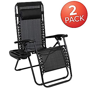 Flash Furniture Celestial Adjustable Folding Mesh Zero Gravity Reclining Lounge Chair with Pillow and Cup Holder Tray in Black, Set of 2