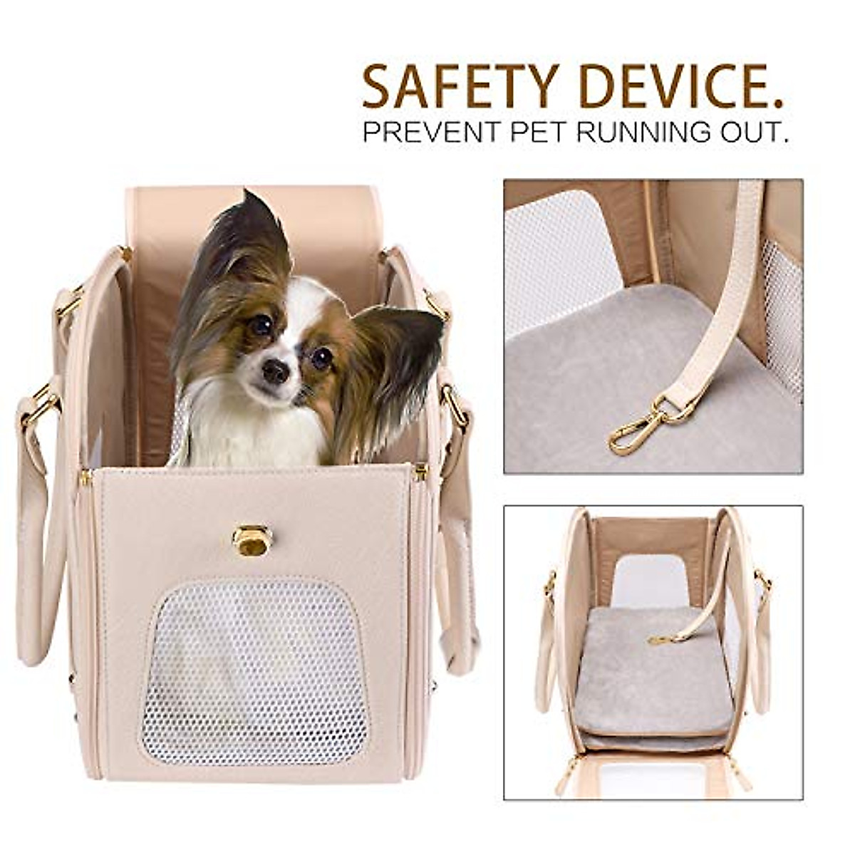 PetsHome Dog Carrier Purse, Pet Carrier, Cat Carrier, Foldable Waterproof Premium Leather Pet Travel Portable Bag Carrier for Cat and Small Dog Home & Outdoor Beige