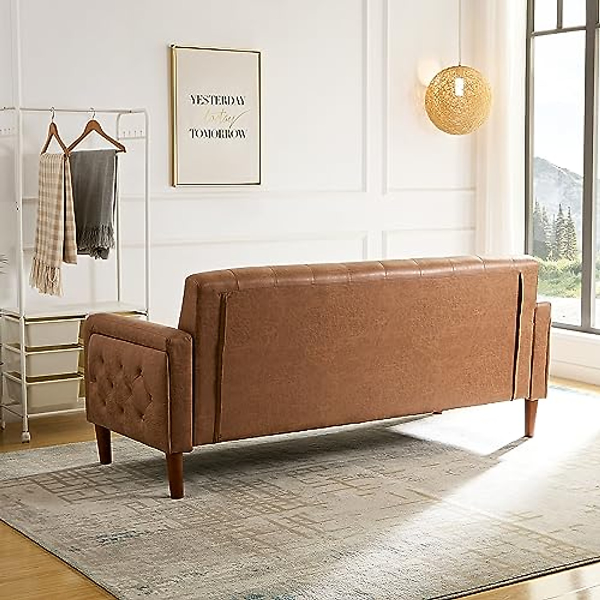 Lunanniu 78 Inch Vegan Leather Sofa Faux Leather Couches Loveseat Button Tufted Back Mid Century Modern 2 Bolster Pillows Solid Wood Frame and Legs 2 Seat Love Seat for Living Room Brown