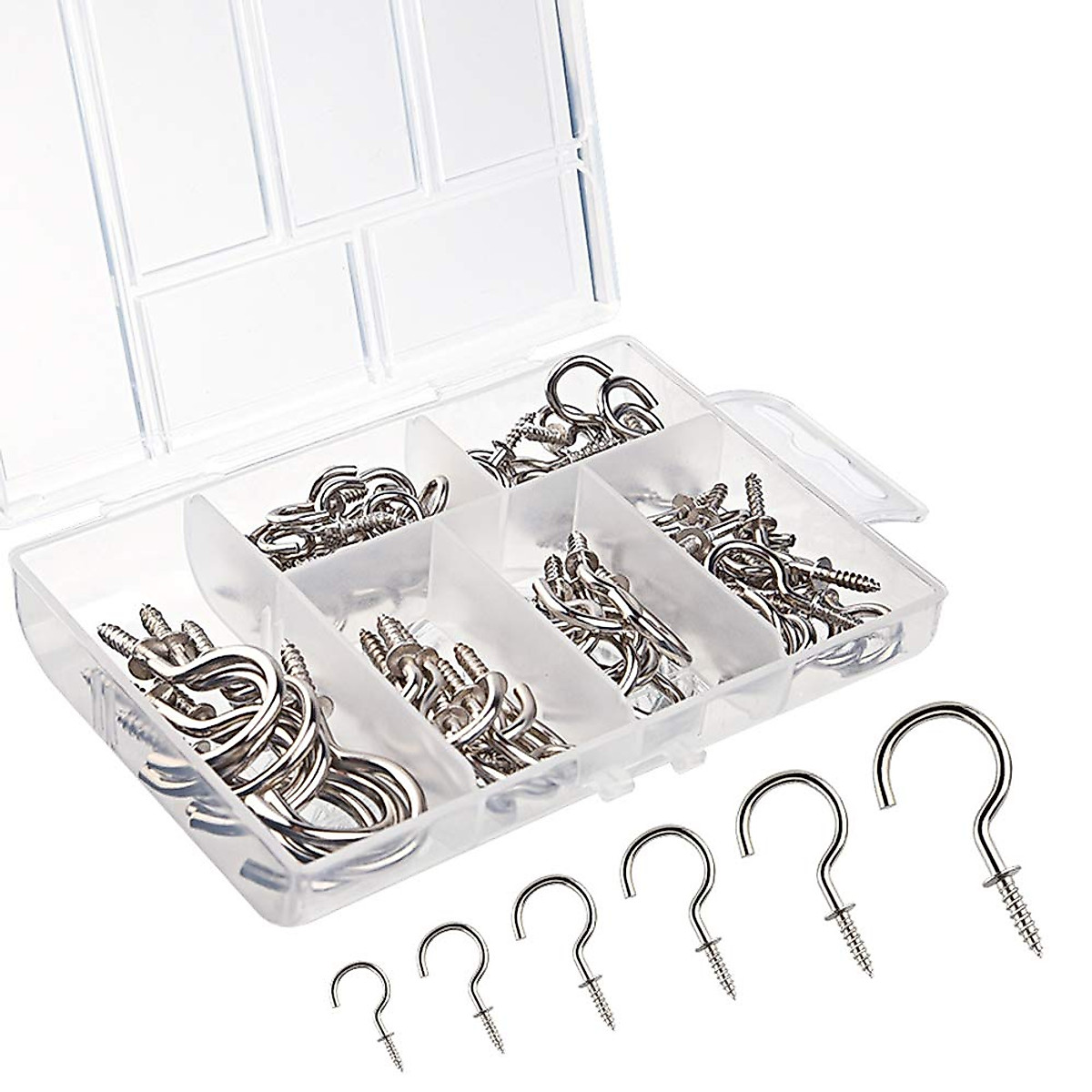 KUUQA 75 Pcs Multi-Size Nickel Plated Metal Ceiling Hooks Screw Cup Hook Holder (Silver)