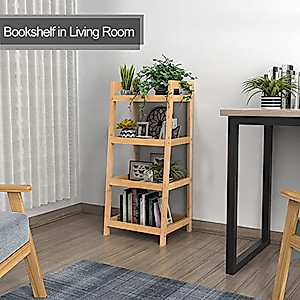 Purbambo 4 Tier Bamboo Ladder Shelf, Book Shelf Bookcase, Multifunctional Floor Freestanding Storage Rack, Plants Display Stand for Bathroom, Kitchen, Living Room