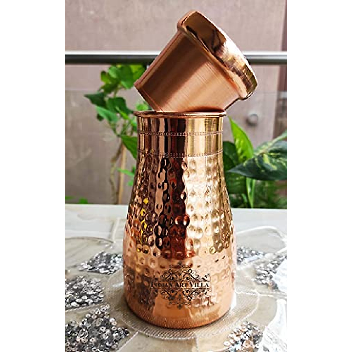 Indian Art Villa Pure Copper Bedroom Water Bottle With Inbuilt Glass & Hammered Shine Design, Drinkware, Storage Purpose, Volume-37 Oz
