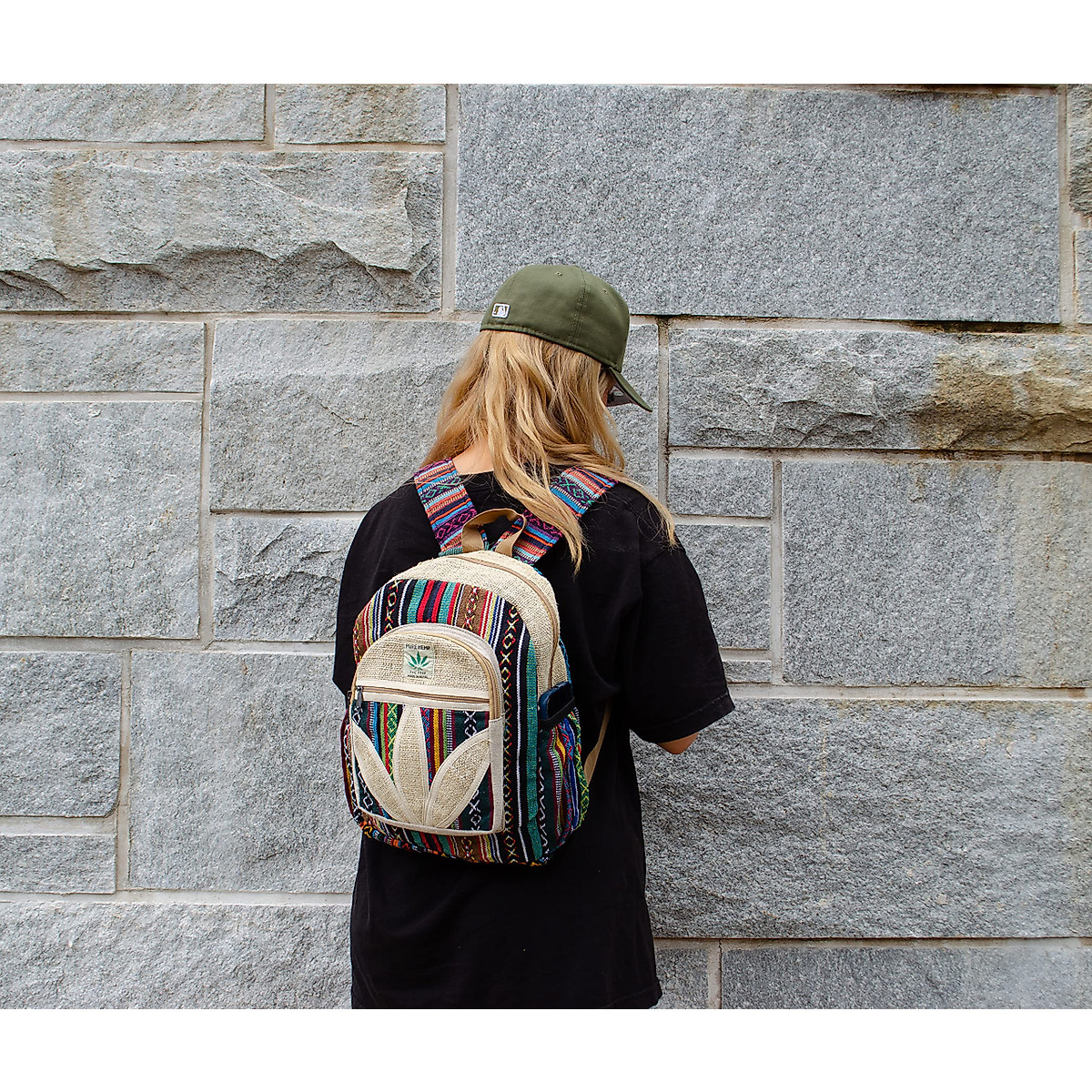 Himalayan Fashion Handmade Hemp Medium Backpack Bohemian Marijuana Style Travel Bag, Black, Beige