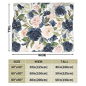 All Seasons Soft and Warm Lightweight Blankets Navy Blue and Pink Watercolor Floral Flannel Fleece Throw Blanket for Bed Couch Living Room Office Sofa 60"X50"