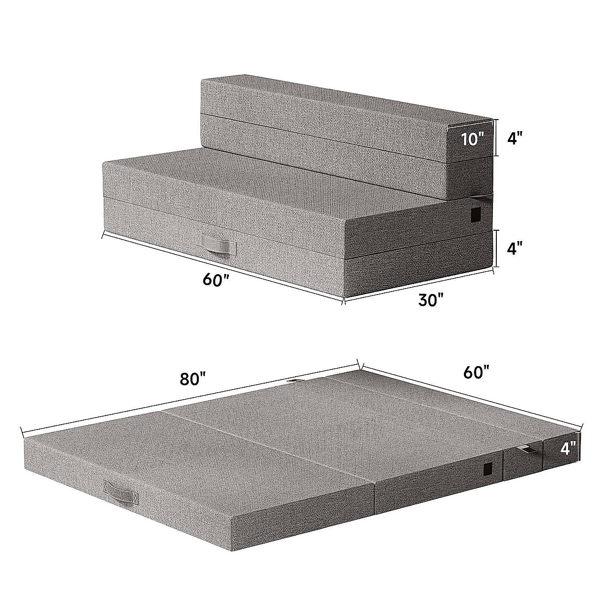 ONBRILL Folding Mattress Queen, 4 Inch Firm Portable Mattress for Pressure Relief, Foldable Sofa Bed Topper with Storage Bag, Indoor/Outdoor Use, Washable Linen Cover & Handle Design, Gray