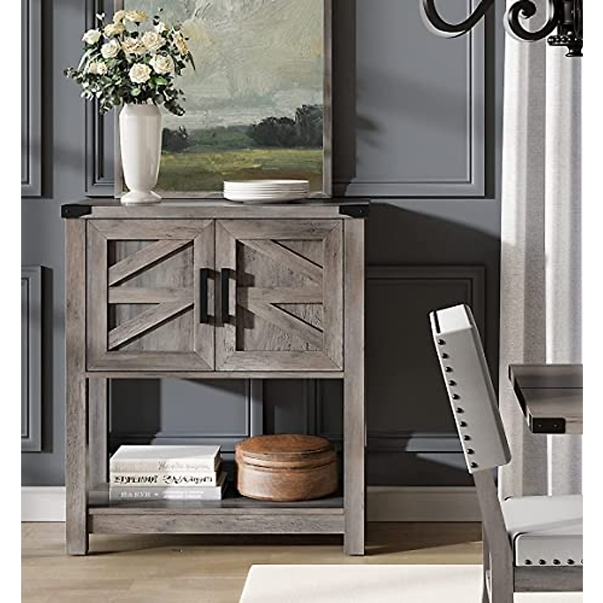 WAMPAT Modern Farmhouse Buffet Cabinet, Wood Sideboard with Cabinet & Open Storage for Living Room, Kitchen, Magnetic Door Catch, 5-Level Adjustable Shelf, Riveted Metal Braket, Wash Grey
