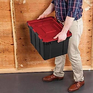 Sterilite 12 Gal Hinged Lid Industrial Tote, Stackable Storage Bin with Hinge Lid, Plastic Container to Organize Basement, Black with Red Lid, 1-Pack