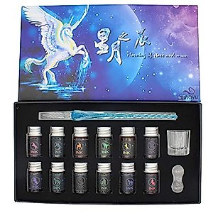 XIAOYU Luminous Glass Dip Pen Ink Set - Crystal Glass Dip Pen with 12 Colorful Inks for Art, Writing, Signatures, Calligraphy - Ice Blue