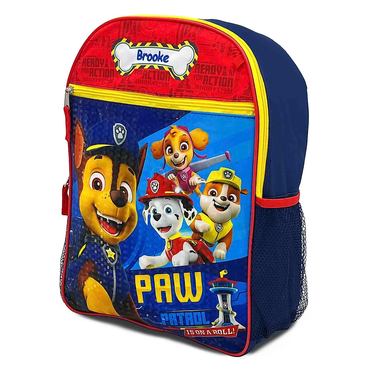 DIBSIES Personalized 16" Paw Team - Chase, Marshall, Rubble, and Skye Is On A Roll Backpack with Bonus Lunch Bag, Carabiner Clip, and Character Dongle
