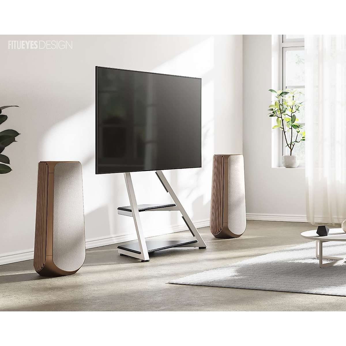 FITUEYES Design Corner TV Stand for 32 43 50 55 65 Inch TVs, Small Spaces Floor TV Stand Rolling TV Cart for LCD/LED Flat Curved Screens, Modern Living Room Television Stands, Eiffel Series, White