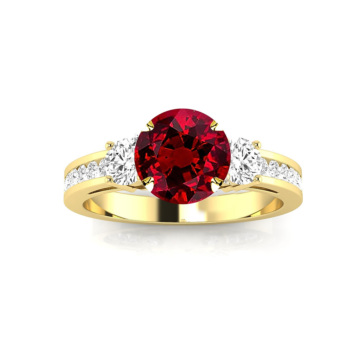 Houston Diamond District 14K Yellow Gold Channel Set 3 Three Stone Diamond Engagement Ring with a 0.5 Carat Ruby Heirloom Quality Center Size 8