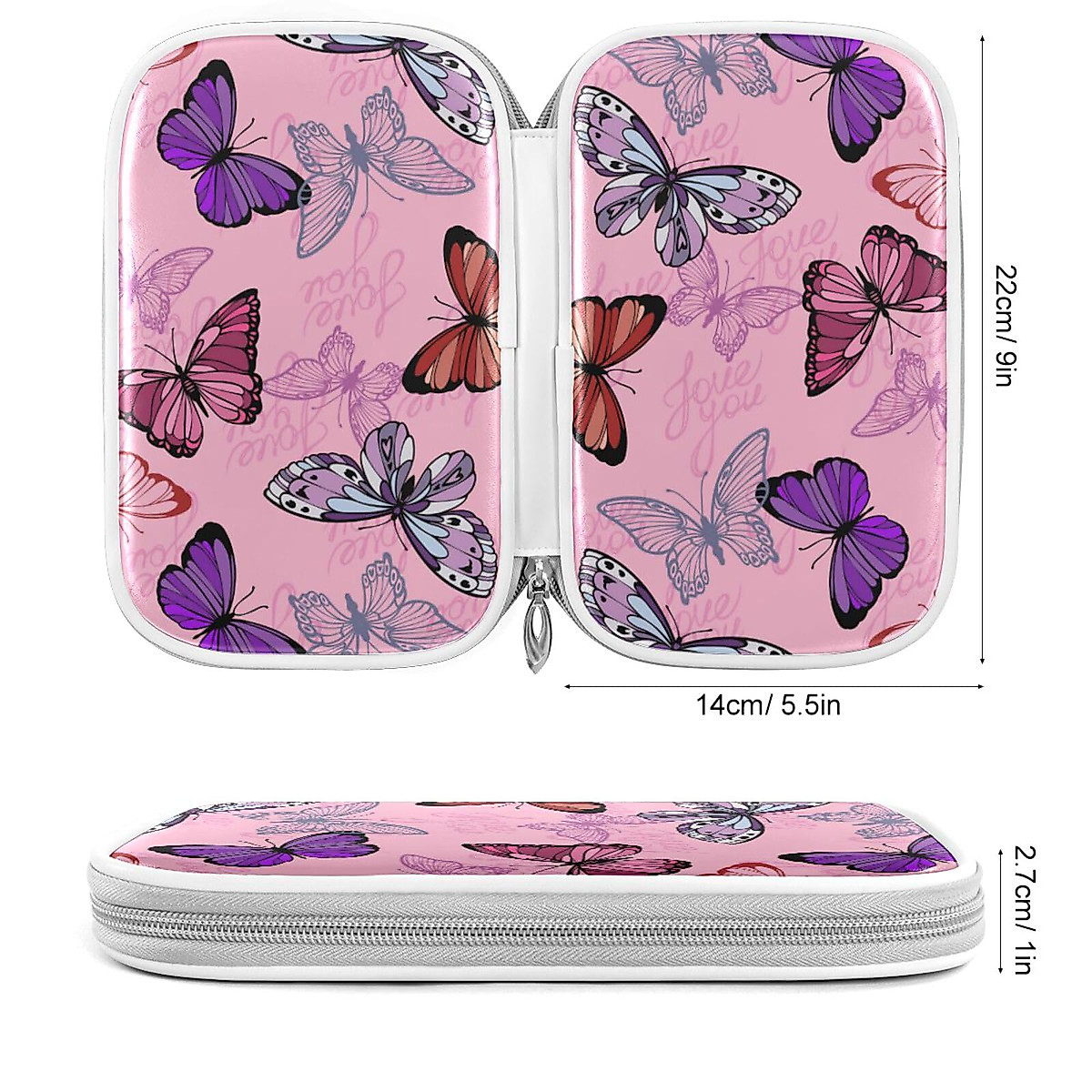 ZZKKO Flying Butterflies Pink Pencil Bag Case Zipper Pencil Holder Organizer Stationary Pen Bag Cosmetic Makeup Bag Pouch Purse for School Office Supplies