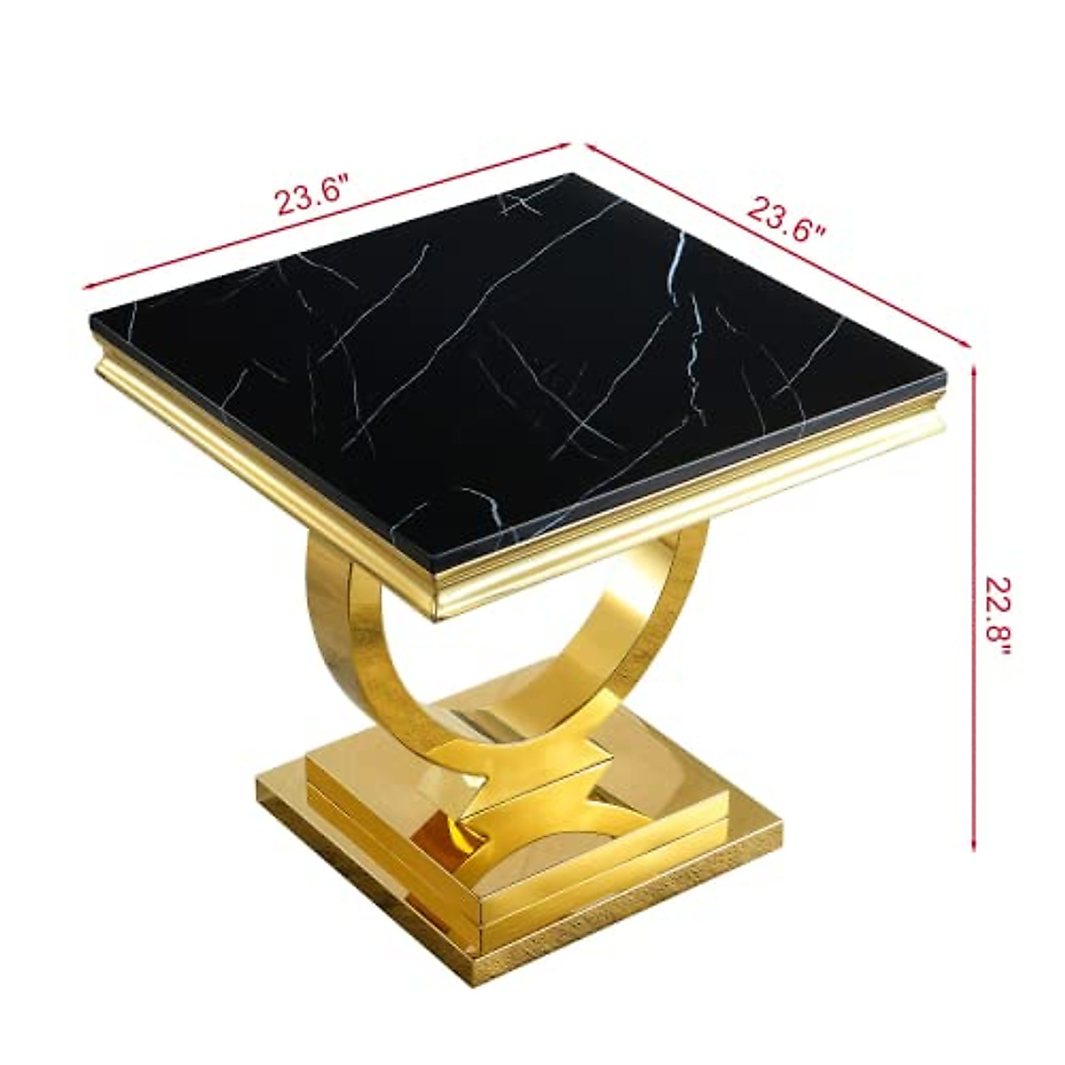 Luxury Real Marble End Table, Modern Mirrored Gold Square Sofa Side Table, Mid Century Elegant End Bedside Table with Stainless Steel Pedestal Base for Living Room Bedroom Couch