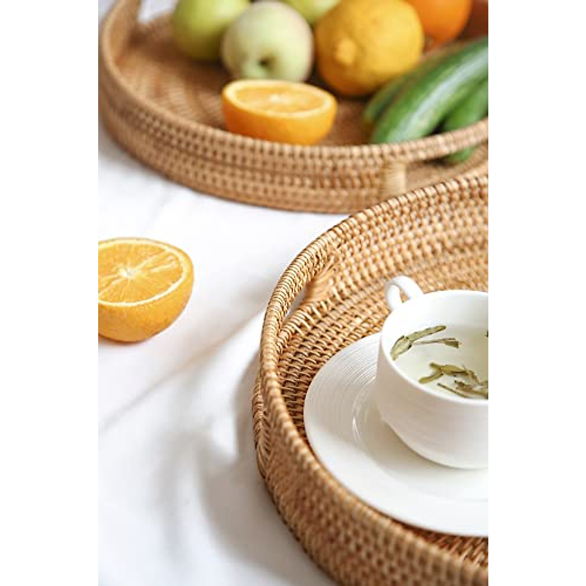 HITOMEN Hand-Woven Round Rattan Serving Tray Decorative Wicker Trays with Handles for Coffee Table