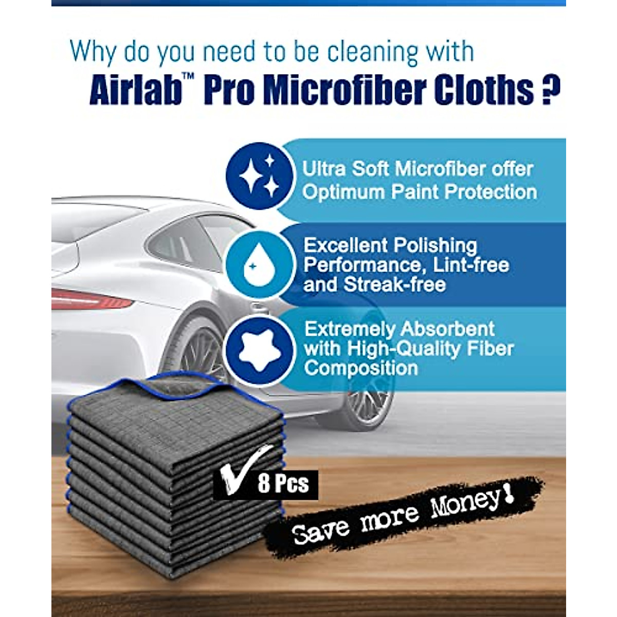 Airlab Microfiber Towels for Cars Wash & Drying Auto Detailing, Highly Absorbent, Lint-Free, Streak-Free, All-Purpose Cleaning Cloths for Household, 16" x 16", Pack of 8, Grey