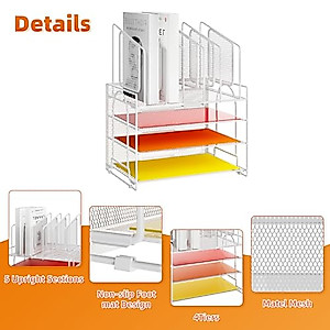 Marbrasse Mesh Desk Organizer, 4-Tier Mesh Desk File Organizer with 5 Vertical File Holders, Multifunction Desktop Organizer, Desk Organizers and Accessories for Home Office School,White