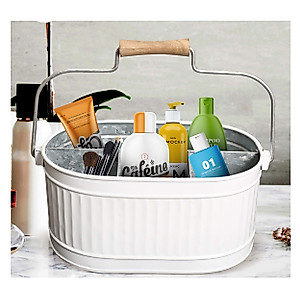 Utensil Caddy Carry-All Serveware - Galvanized Metal Organizer for Kitchen Counter - Comfortable Wooden Handle Indoor/Outdoor Storage For Flatware, Condiments, Party Cutlery, Arts - Gray/White