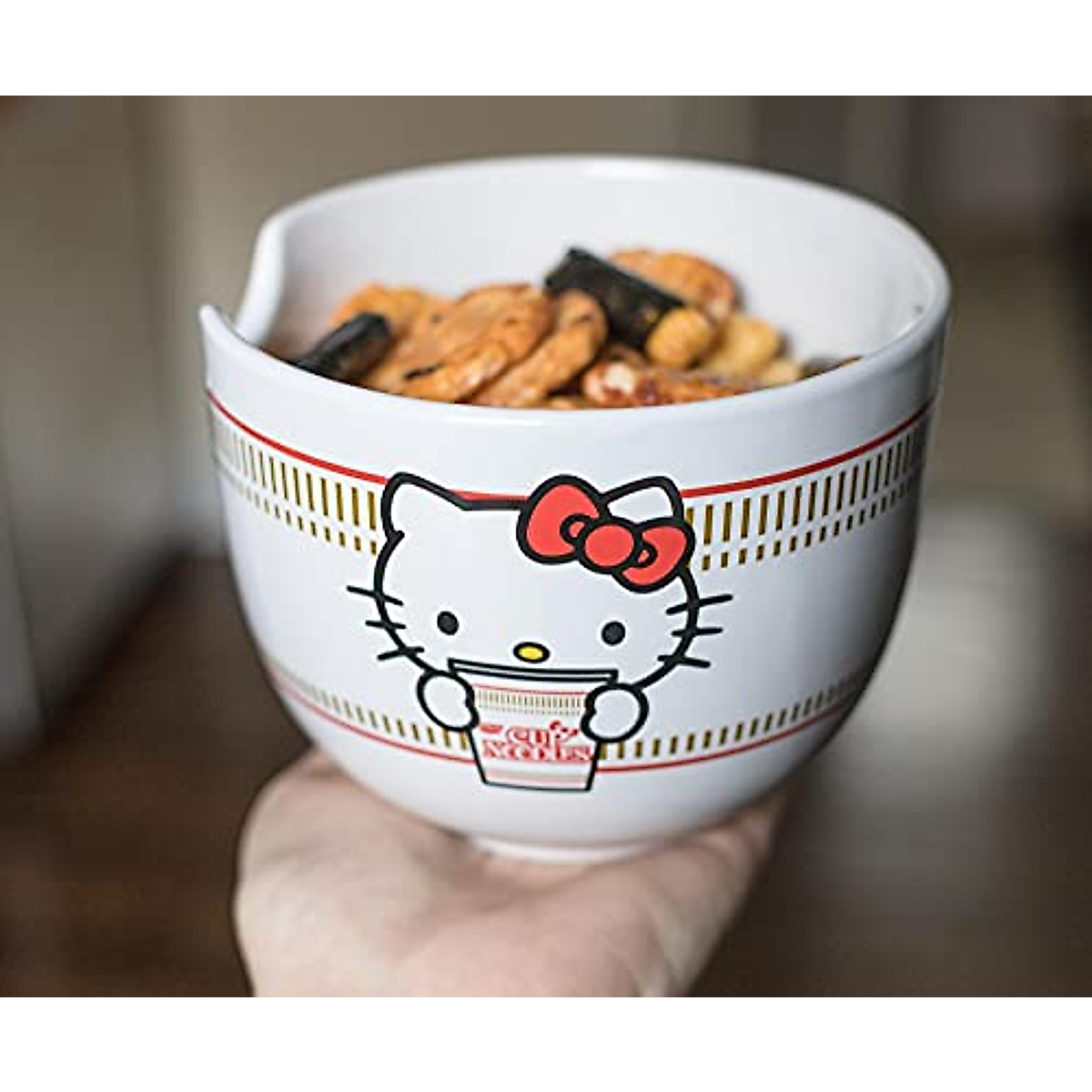 Hello Kitty Cup Noodles Japanese Ceramic Dinnerware Set | Includes 20-Ounce Ramen Bowl and Wooden Chopsticks | Asian Food Dish Set For Home Kitchen | Kawaii Anime Gifts, Official Sanrio Collectible