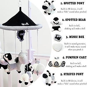 Neutral Baby Mobile,White Horse Musical Baby Crib Mobile,Baby Mobile for Crib,Crib Toys with Music,Handmade Nursery Mobile for Baby Room Decor（Black-White Horse）