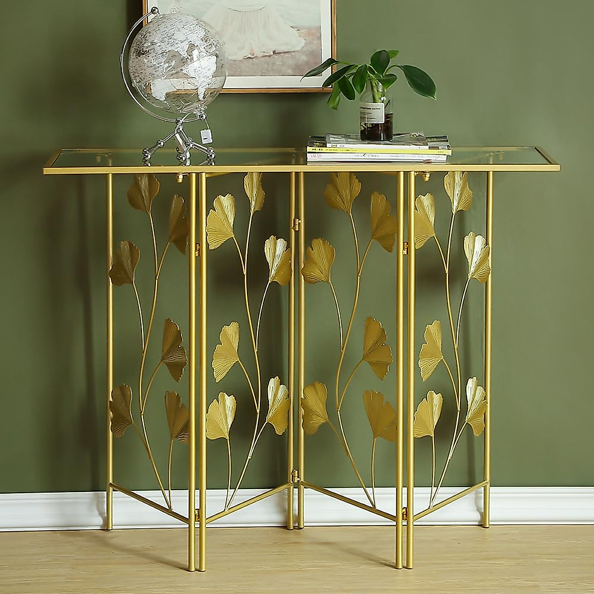 40 Inch Gold Console Table, Sofa Table, Modern Entryway Table, Tempered Glass Shelf with Ginkgo Leaves Decorative for Entryway Living Room Bedroom