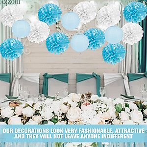 15Pcs Blue Pom Pom Decorations - Blue and White Pom Poms Flowers Decoration Blue Tissue Paper Lanterns Party Decorations - Light Blue Tissue Paper Flowers Decorations Birthday Decorations for Women