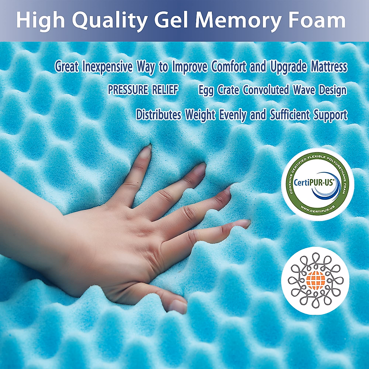 Askme 2 Inch Twin Mattress Topper Convoluted Gel Memory Foam with Bonus Machine Washable Cover US and Euro Certified, (GJTGC02--33)