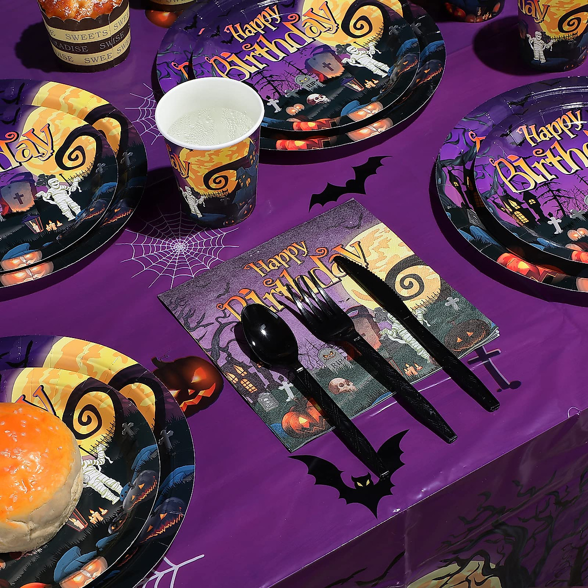 Halloween Party Supplies, Halloween Birthday Plates and Napkins Set, Disposable Paper Plates Napkins Cups Knives Spoons Forks for Kids Boy Girl Halloween Theme Birthday Party Decorations, Serve 25