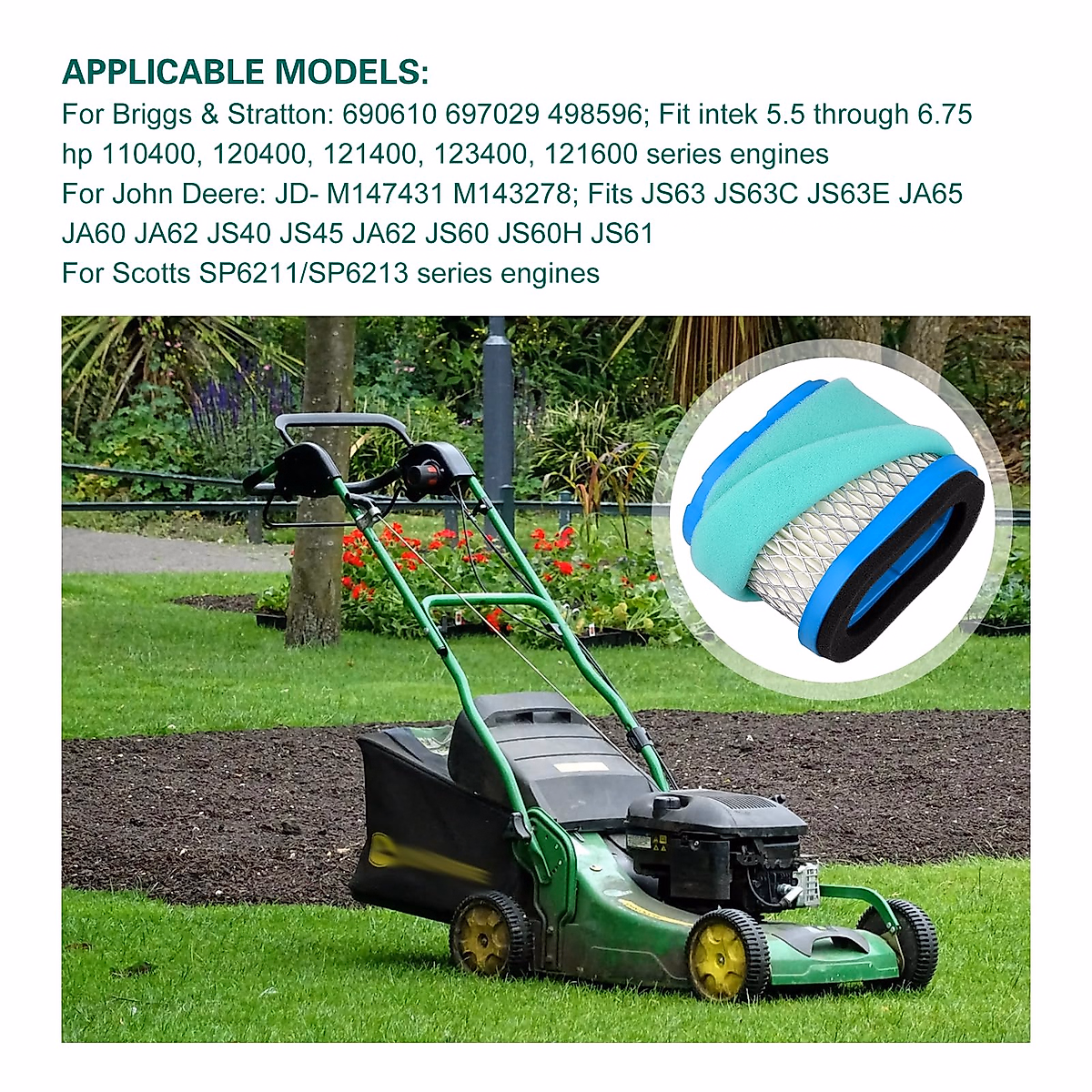 697029 Air Filter for B&S 690610 498596 for John Deere M147431 M143278 fit JS63 JS63C JS63E JA65 JA60 JA62 JS40 JS45 JA62 JS60 JS60H JS61 SP6211 SP6213