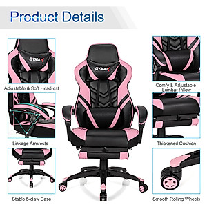 GYMAX Gaming Chair, Ergonomic Computer Chair with Footrest, Linkage Armrests & Lumbar Cushion, Big Wide High Back Video Gaming Chair, Reclining Office Rolling Chair for Adult/Teens (Pink)