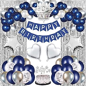 Navy Blue Silver Happy Birthday Party Decorations Set for Men Boys Women Girls, Banner, Crown Balloon, Fringe Curtains, Cake Topper for 13th 16th 18th 21st 25th 30th 40th 50th 60th 70th Party Supplies