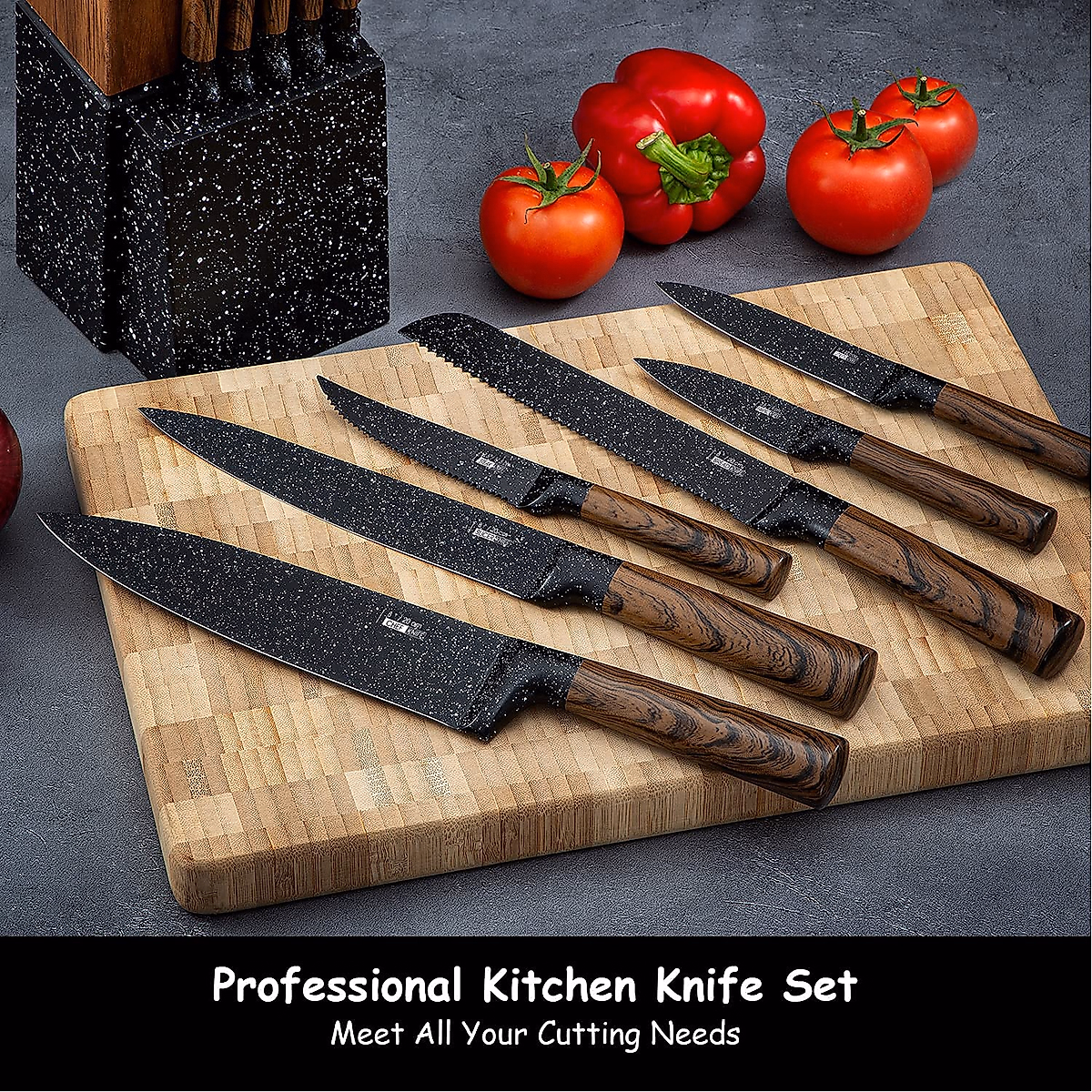 Knife Set,12-Piece Kitchen Knife Set, High Carbon Stainless Steel Knife Sets with Wooden Block, include 6 Steak Knives, Black