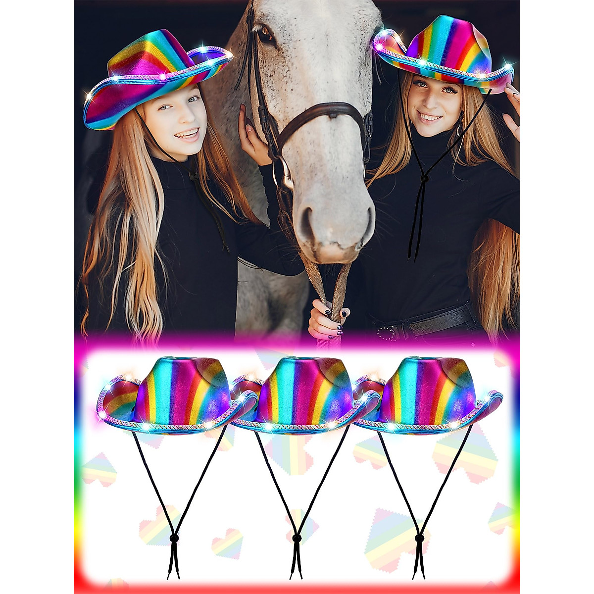Halfchet 3 Pcs Rainbow Pride Light up LED Cowboy Hat LGBTQ Cowboy Cowgirl Hat for Gay Pride Events Pride Party Supplies