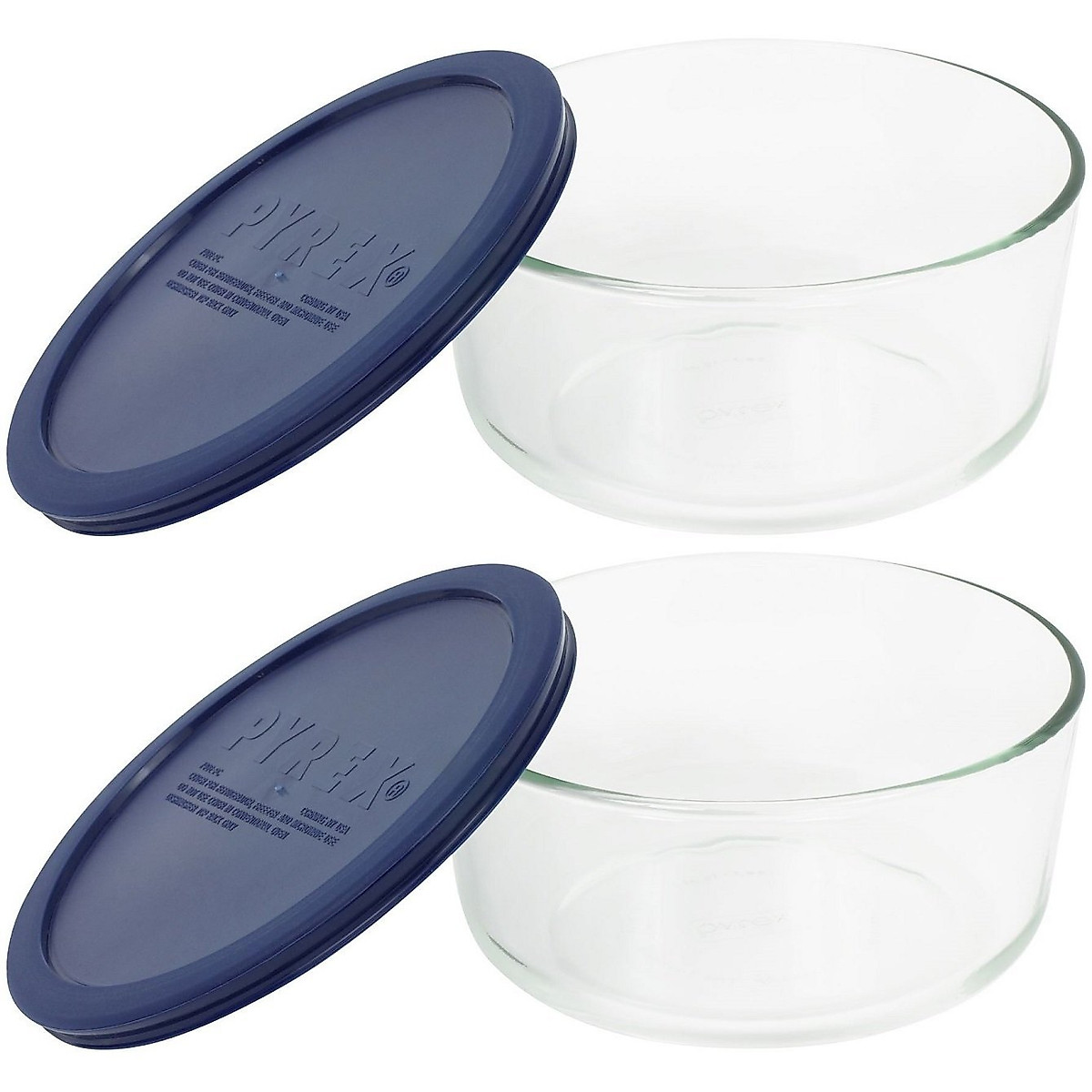 Pyrex Storage 4-Cup Round Dish with Dark Blue Plastic Cover, Clear (Pack of 2 Containers)