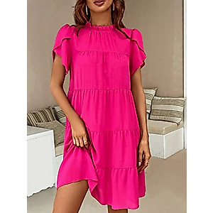 Verdusa Women's Tie Back Petal Sleeve Mock Neck Ruffle Hem A Line Swing Smock Dress Hot Pink L