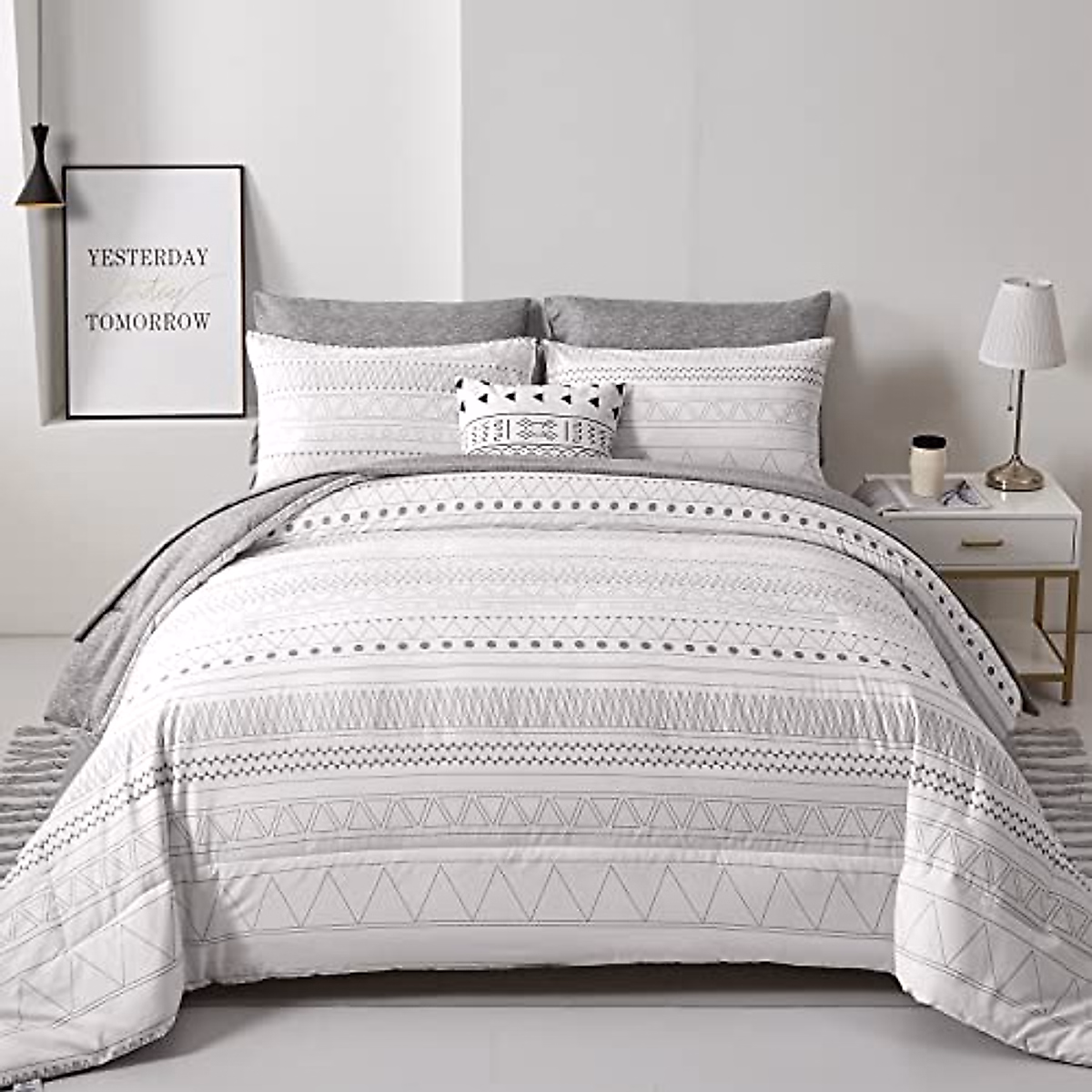 Boho Comforter Set King,7 Pieces Bed in a Bag White Grey Comforter Geometric Bohemian Bedding Set with Pillowcases Soft Microfiber Comforter and Sheet Set King Size