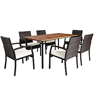 Tangkula 7 Pieces Patio Dining Set, Acacia Wood Wicker Dining Furniture Set with Sturdy Steel Frame & Umbrella Hole, Outdoor Dining Table Chair Set with Removable Cushions for Backyard, Garden (White)