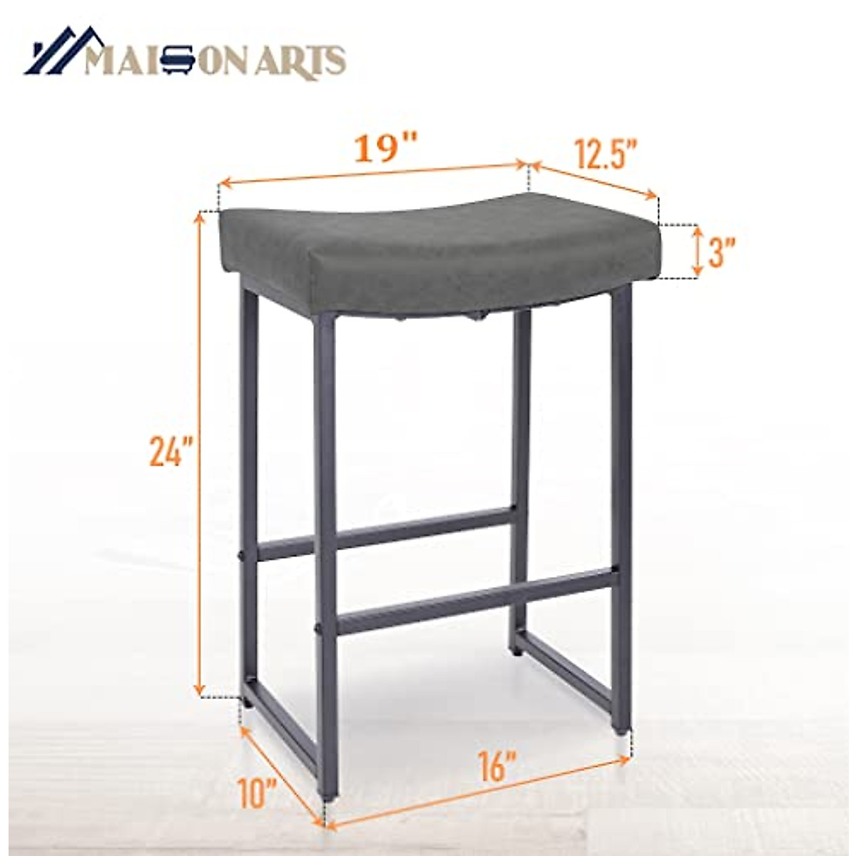 MAISON ARTS Grey Bar Stools Set of 2 Counter Height 24 Inches Saddle Stools for Kitchen Counter Backless Modern Barstools Upholstered Faux Leather Stools Farmhouse Island Chairs, Grey, 2pcs