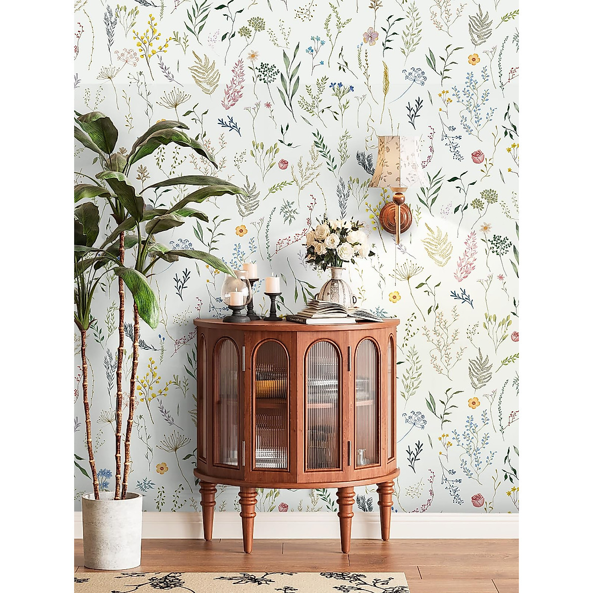 Dimoon 78.7"x16.1" Floral Peel and Stick Wallpaper Beige Contact Paper Thicken Wallpaper Delicate Flower Waterproof Green Leaf White Self Adhesive Removable Wall Paper Shelf Liner Decal Vinyl Roll