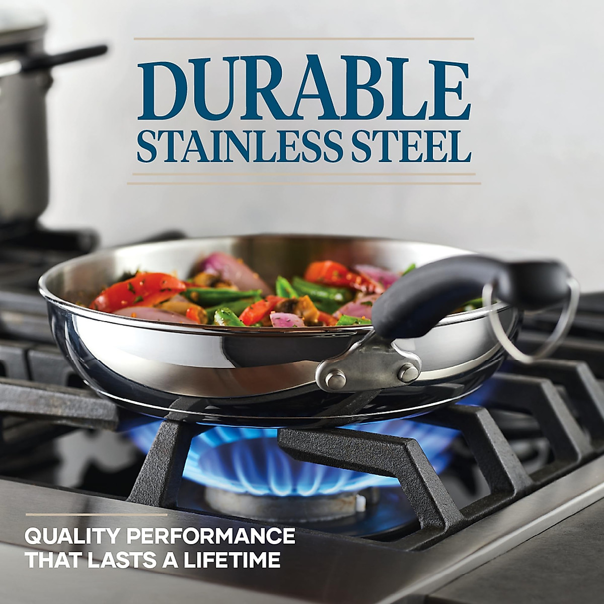 Farberware Brilliance Stainless Steel Cookware Pots and Pans Set with Kitchen Cooking Tools and Glass Lids, 10 Piece, Dishwasher Safe and Induction Ready, Stainless Steel