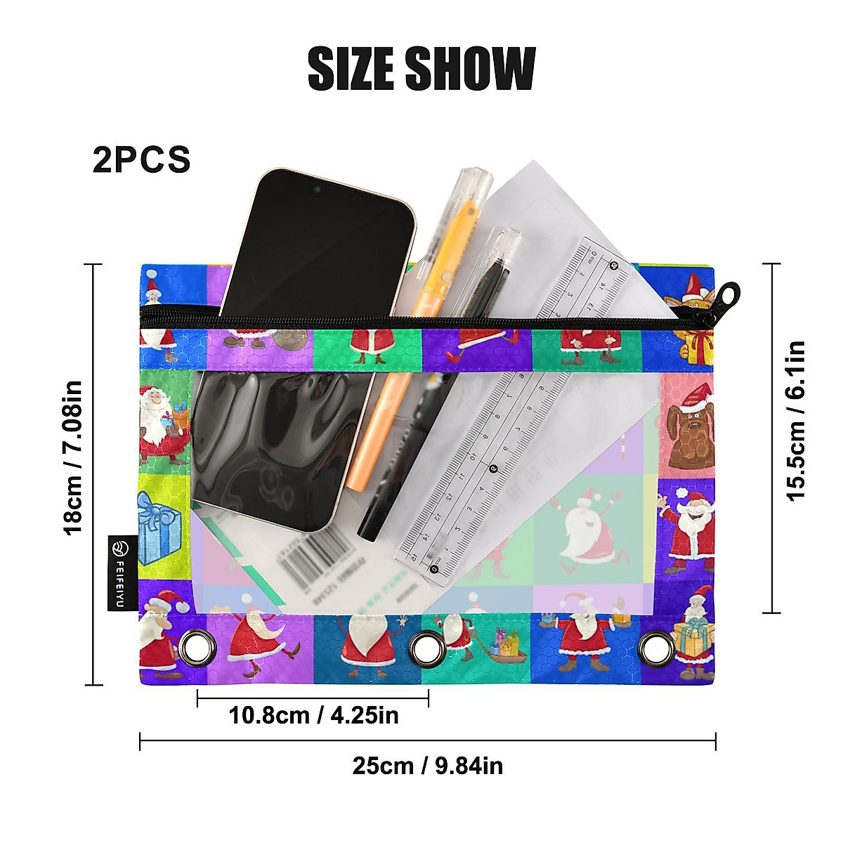FRODOTGV Santa Claus Collage Christmas Pencil Pouches for 3 Rings Binder Zipper Pencil Pouches Clear Three Hole Pencil Pouches 2 Pack Pen Case