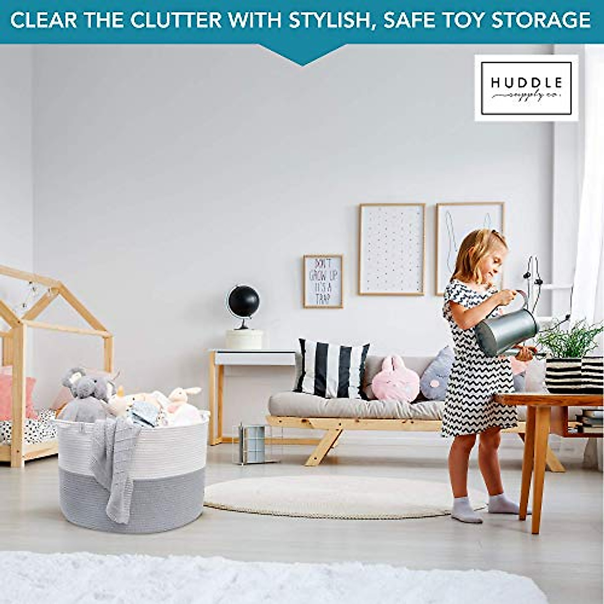 XXXL WASHABLE Blanket Basket Large 2PCs Blanket Storage Living Room - XXX Large Basket for Storing Blankets and Toys + Small Basket for Toys, Keys, Masks | Basket for Blankets (Grey and White)